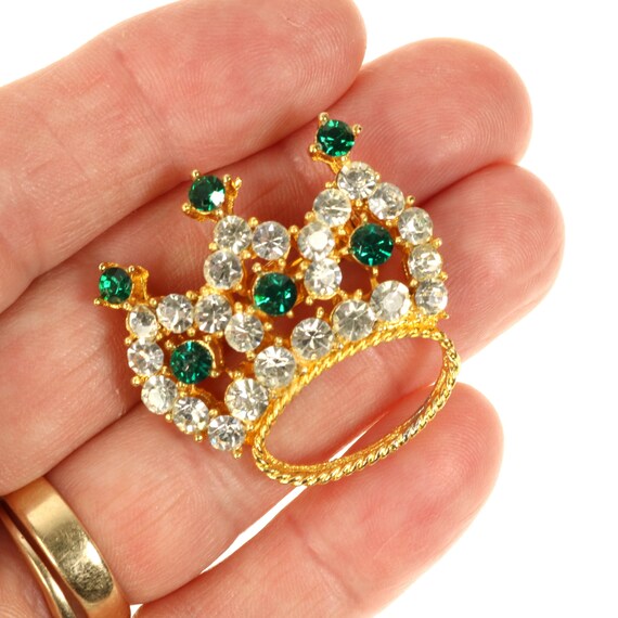Rhinestone Crown Brooch Emerald Green Clear Crystal S… Gem