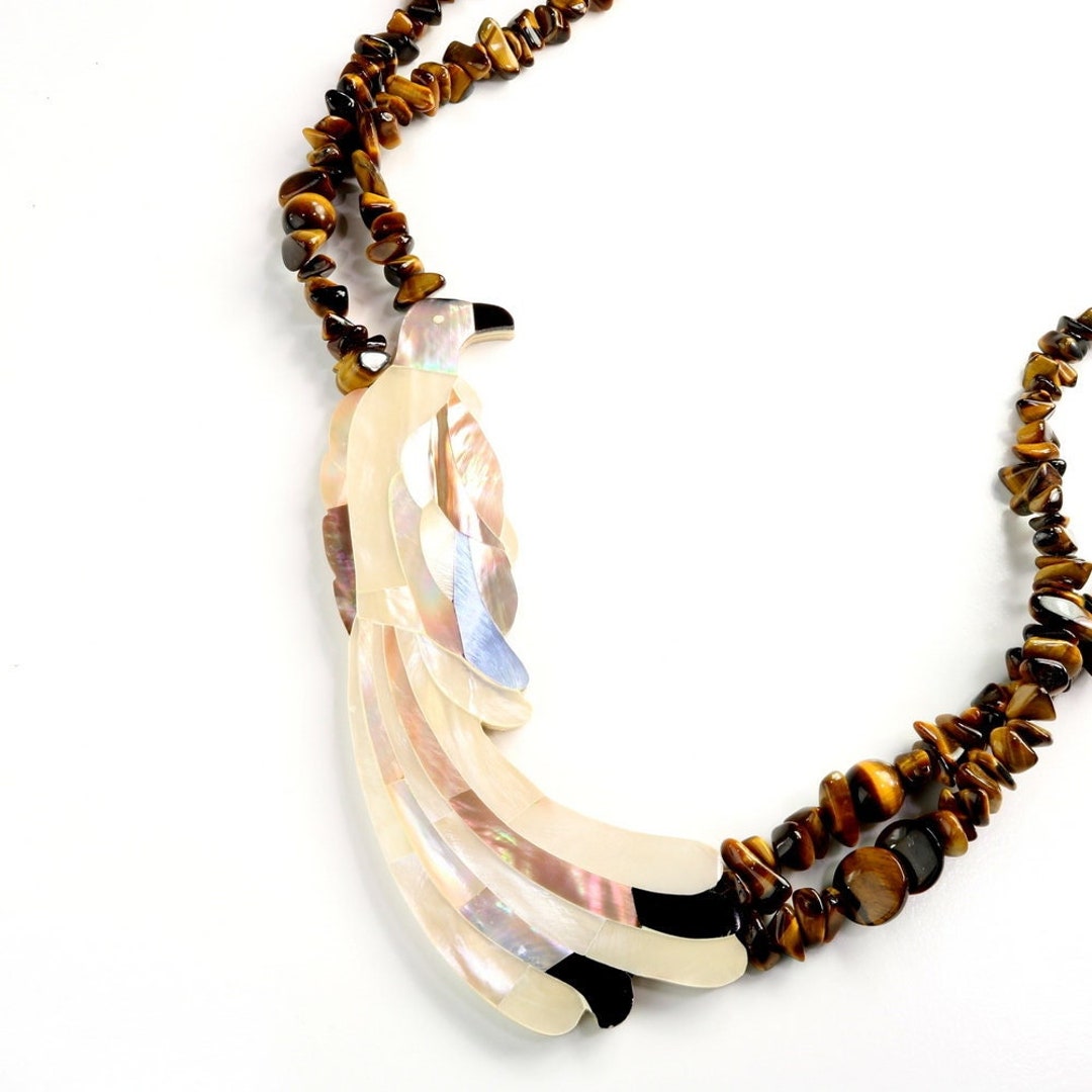 Parrot Necklace MOP Shell Inlay White Bird Double Strand Brown Tiger ...
