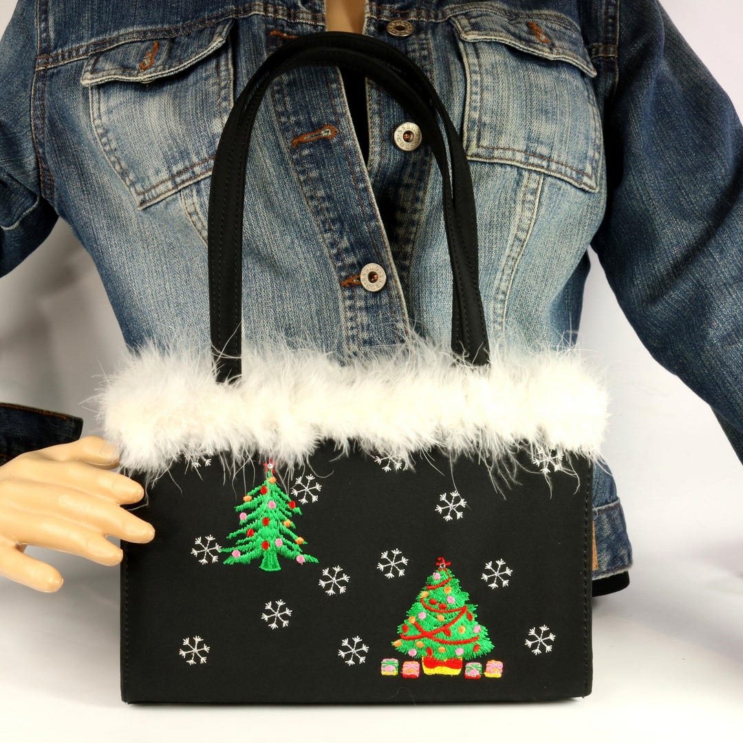 Vintage Christmas Purse: Embroidered Tree, Faux Fur Trim Holiday ...