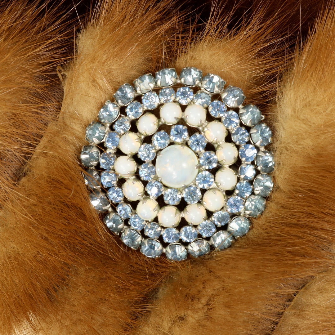 Hinged Fur Clip Light Blue Chaton Rhinestone Imitation Moonstone Circle ...