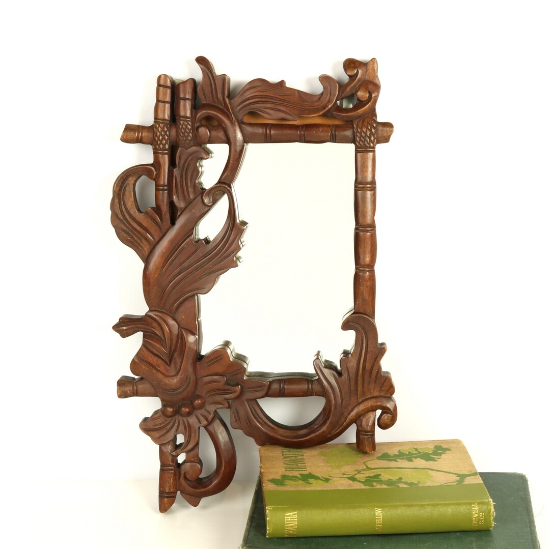 Ornate Mirror Hand Carved Wood Frame Small Accent Wall Hanging Faux ...
