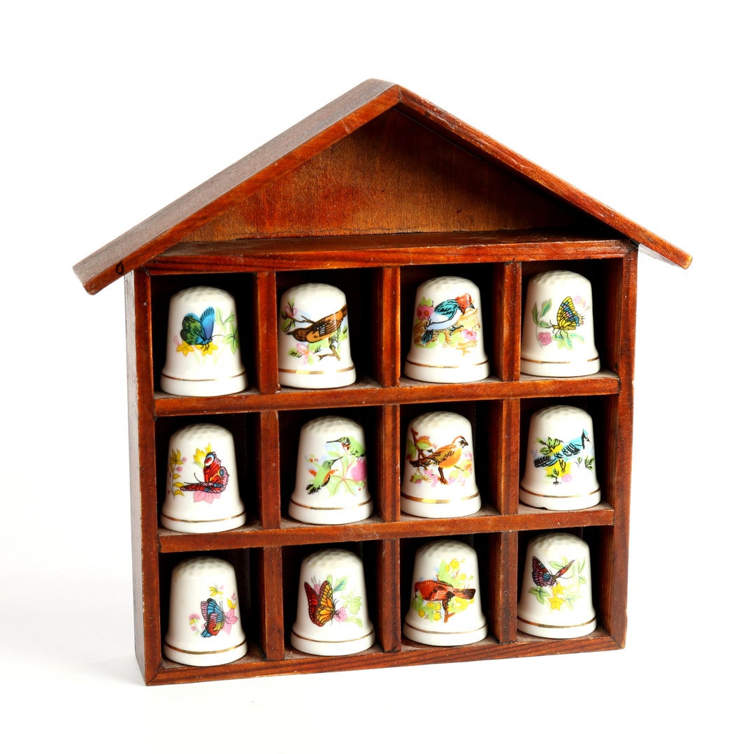 Porcelain Sewing Thimbles Set of 12 Wooden House Wall Shadow Box ...