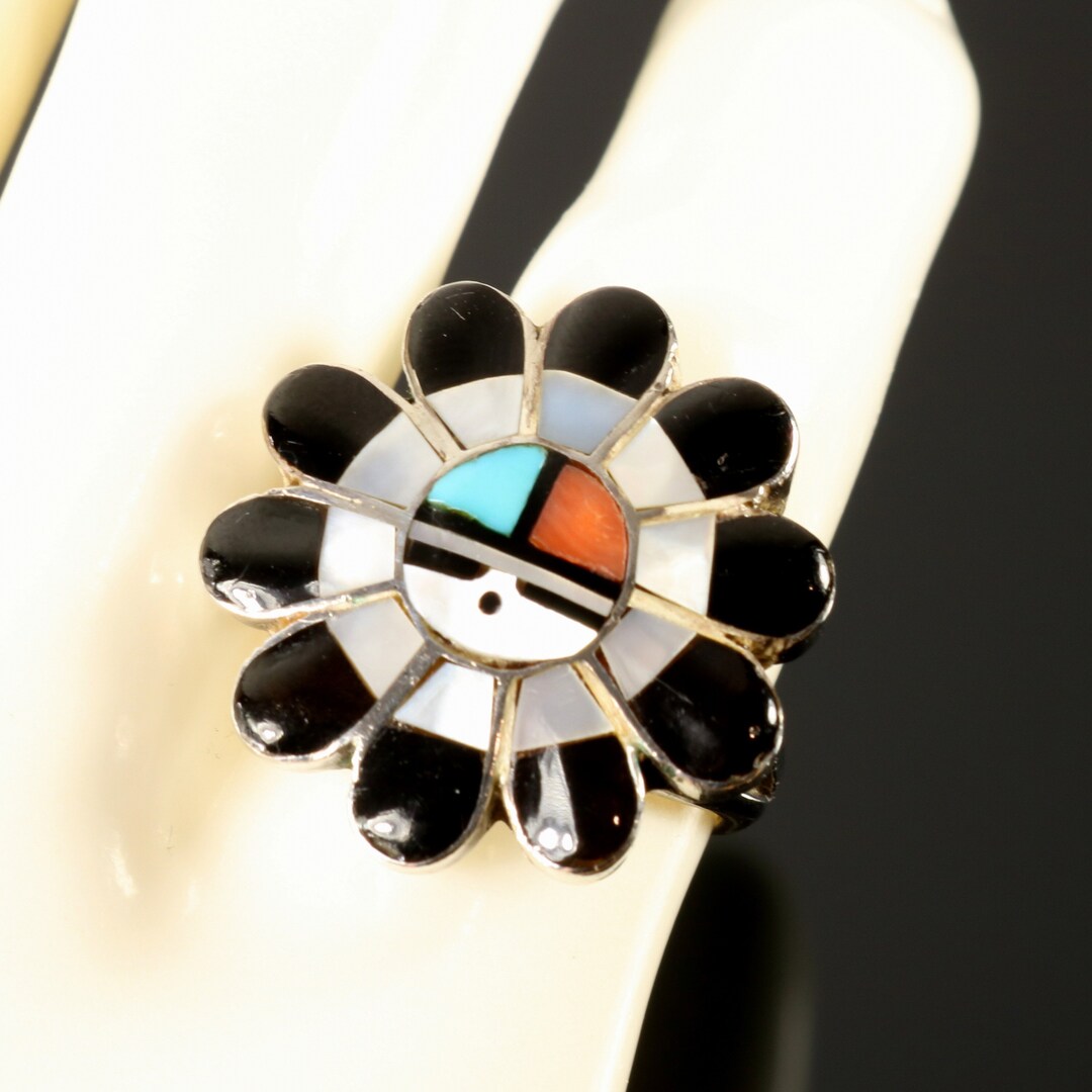 Sun Kachina Ring Hopi Signed Morris Laahte Multi Stone Inlay Black Onyx ...