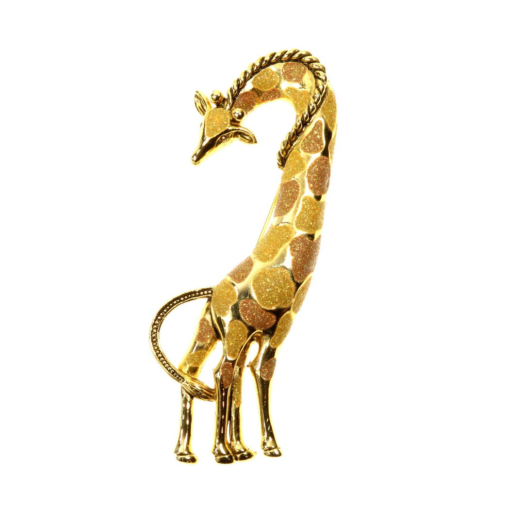 Giraffe Brooch Large Pin Glitter Enamel Shiny Gold Tone Safari Animal ...