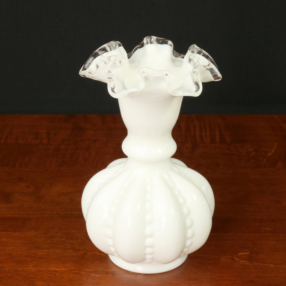 Fenton Silvercrest Vase Beaded Melon Milk Glass Clear Ruffled Edge - Etsy