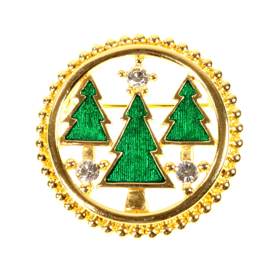 Monet Christmas Brooch Mod Three Tree Green Enamel Rhinestone Gold Tone ...