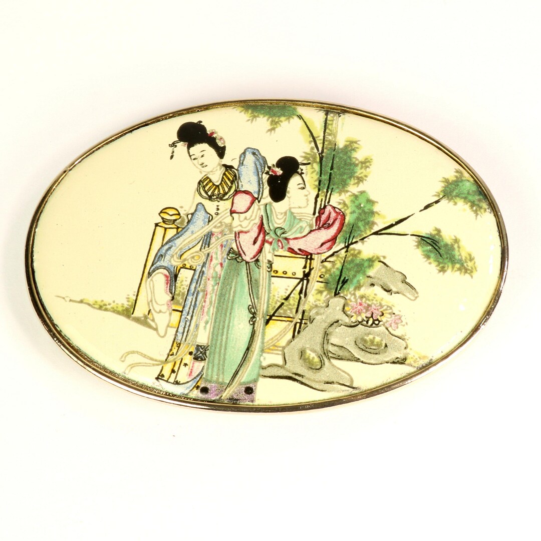 Chinese Asian Style Belt Buckle Oval Enameled Plaque Gold Tone - Etsy