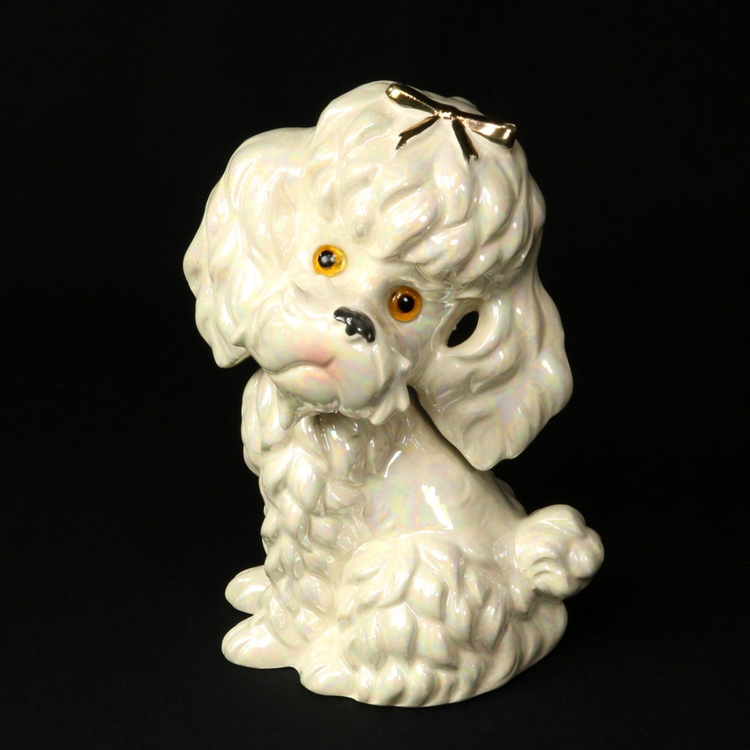Poodle Dog Piggy Bank Coin Slot Ceramic Pottery White Iridescent Glaze ...
