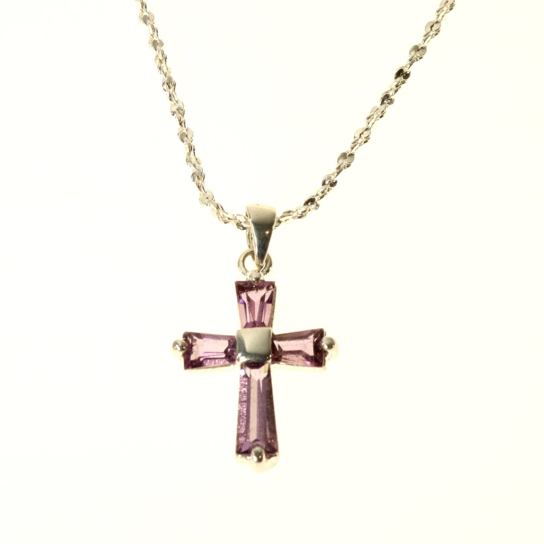 Amethyst Cross Necklace Petite Sterling Silver Trapezoid Baguette ...