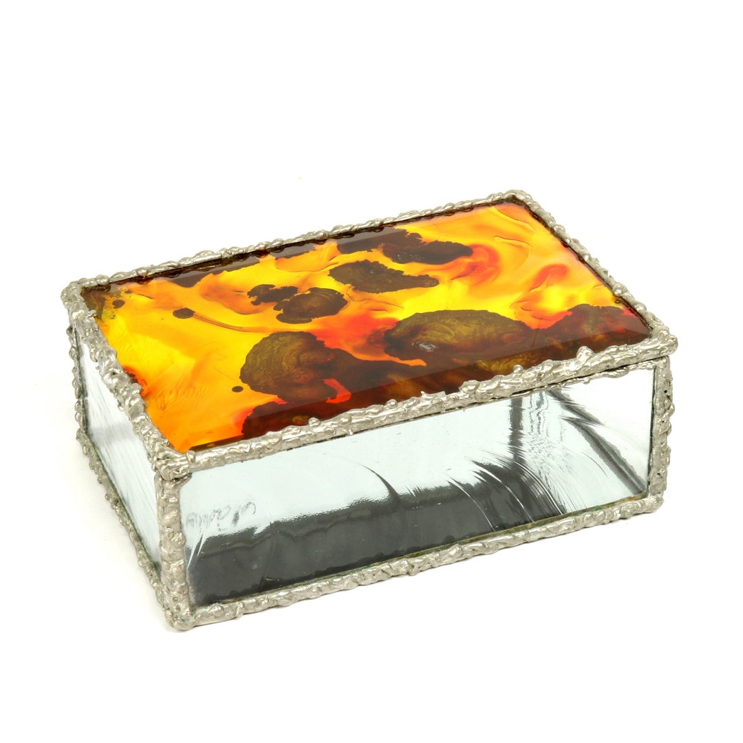 Artisan Glass Box Hinged Lid Beveled Glass Foiled Orange Gold Brown ...