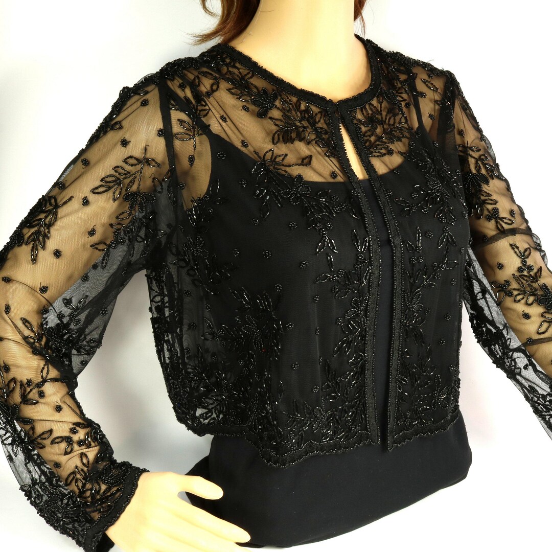 Bolero Black Sheer Beaded Lace Shrug Jacket Black Seed Bead Tube Beaded ...
