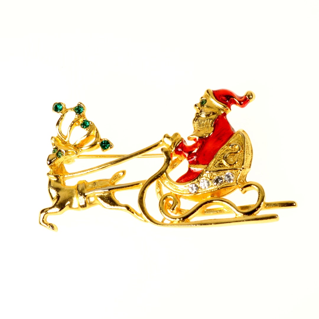 Santa Brooch Sleigh With Reindeer Red Enamel Green Rhinestone Gold Tone ...