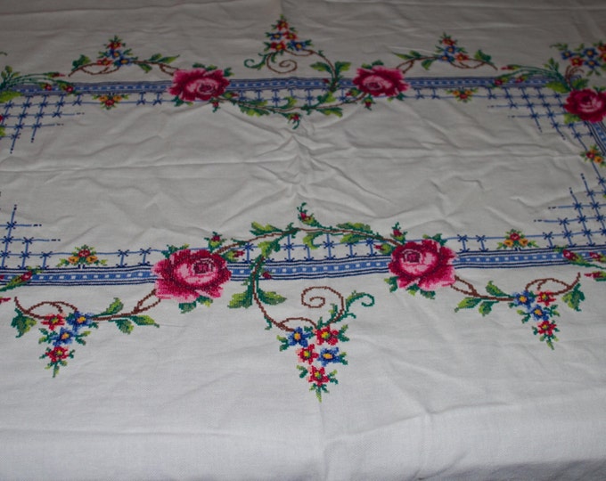Rectangular Hand Embroidered Cross Stitch Tablecloth and Three Napkins ...