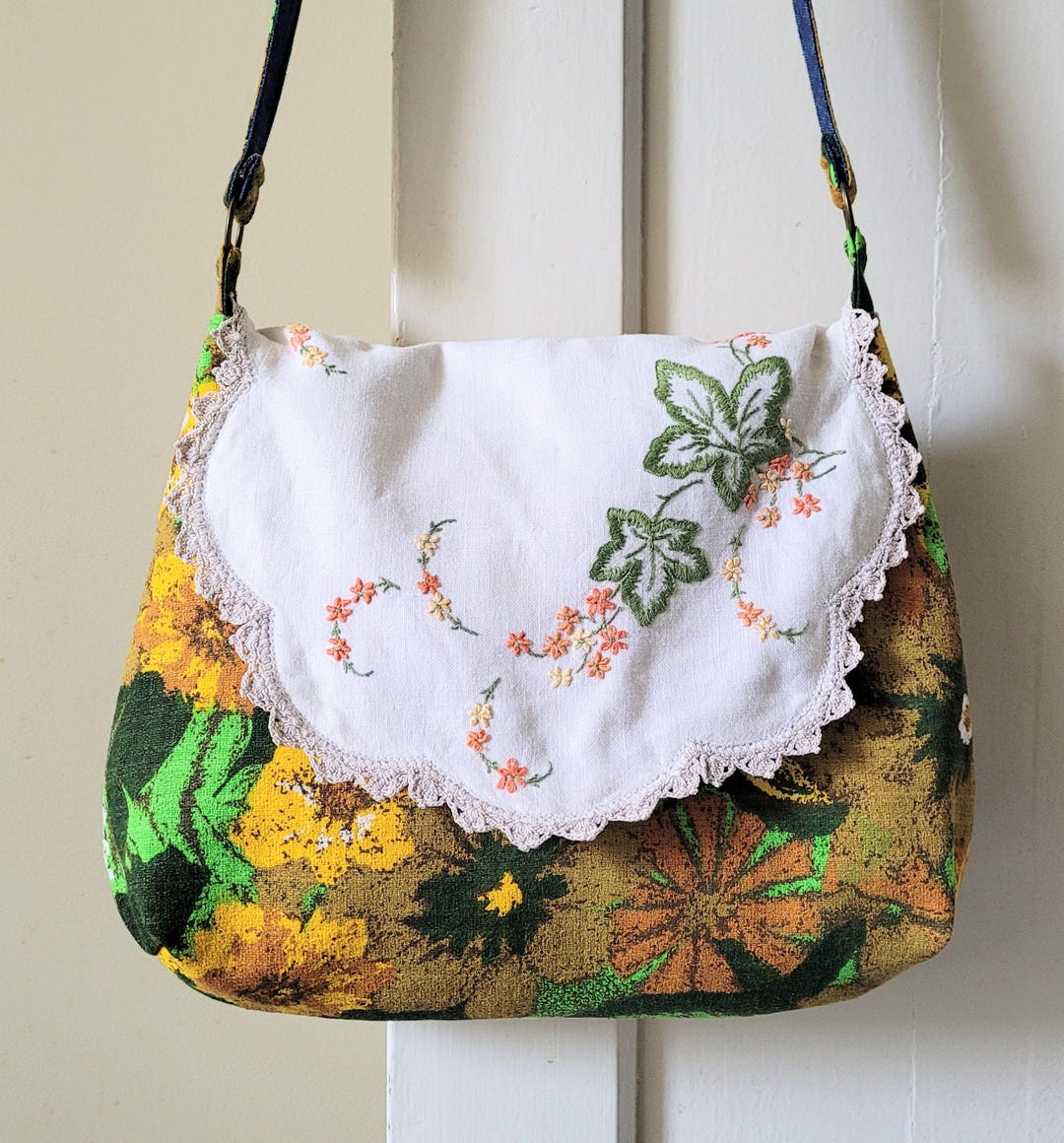 Upcycled Doily Bag: Floral Bag, Barkcloth Bag, Cross Body Bag, - Etsy