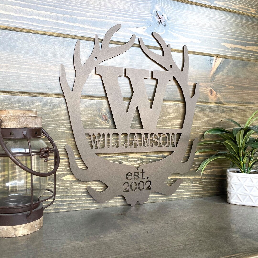 Monogrammed Deer Antlers Personalized Family Name Sign - Farmhouse ...