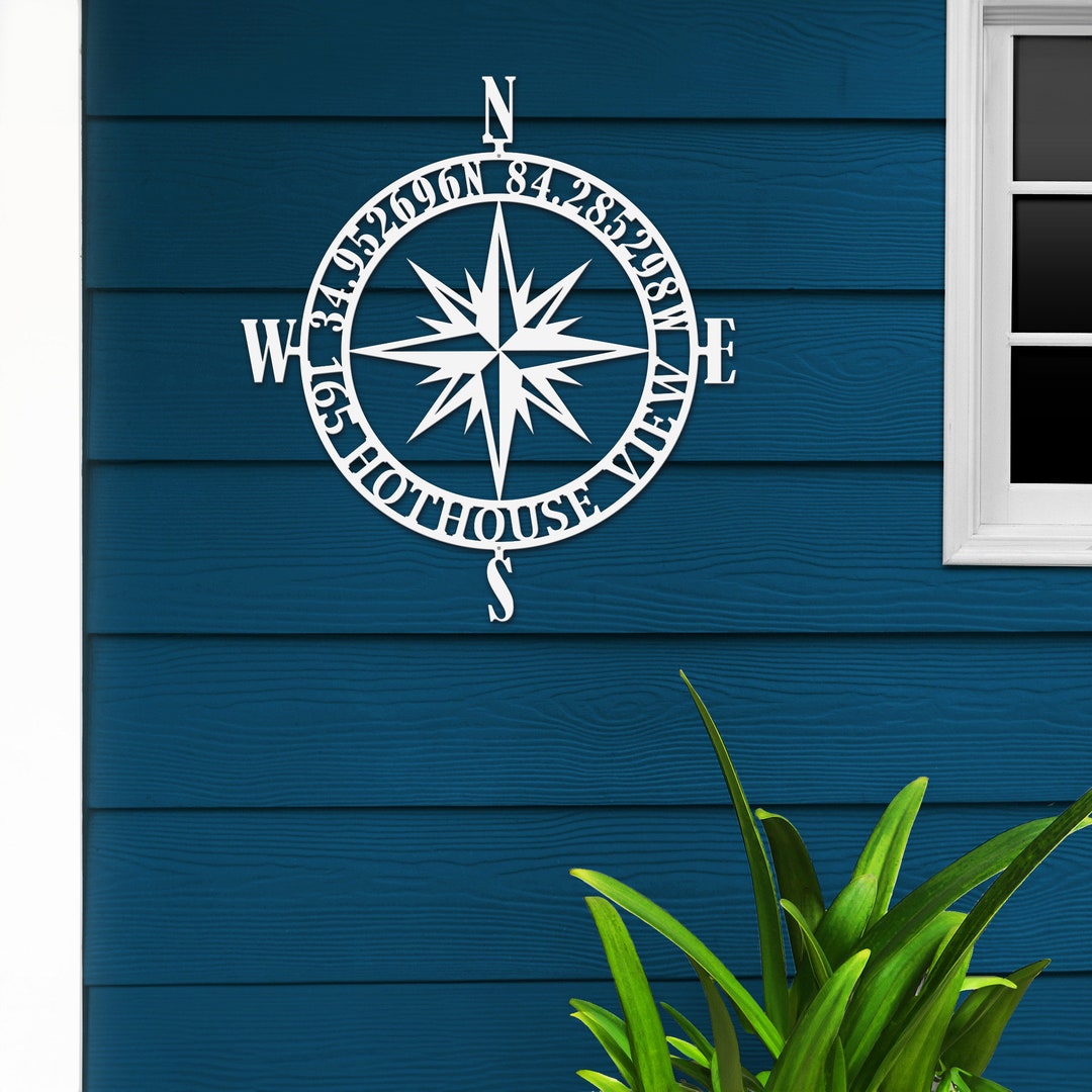 Modern Compass Rose GPS Coordinates Sign, Lake House or Beach House ...