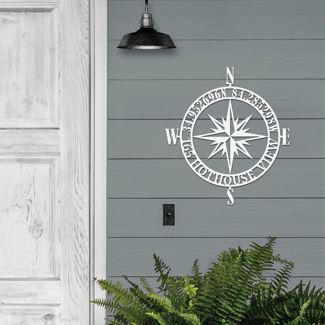 Modern Compass Rose GPS Coordinates Sign, Lake House or Beach House ...