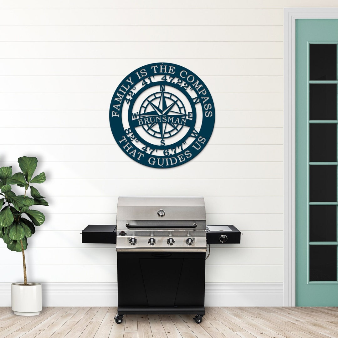 Custom Quote & GPS Coordinates Compass Family Name Sign Outdoor Metal ...
