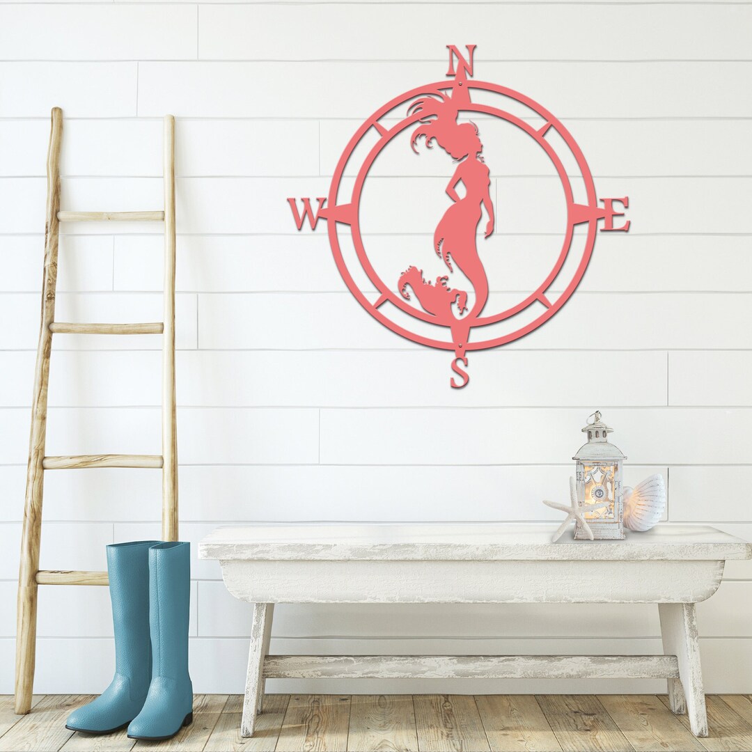 Mermaid Nautical Compass Metal Sign Mermaid Beach Decor, Coastal Wall ...