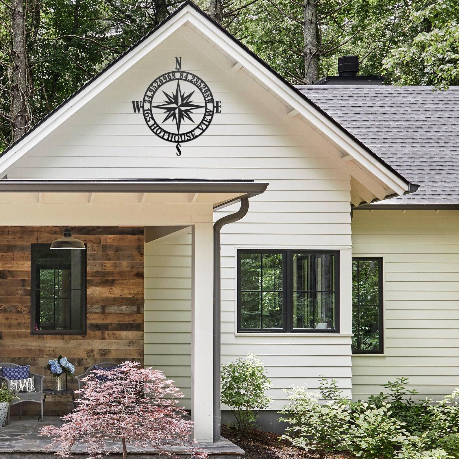 Modern Compass Rose GPS Coordinates Sign, Lake House or Beach House ...