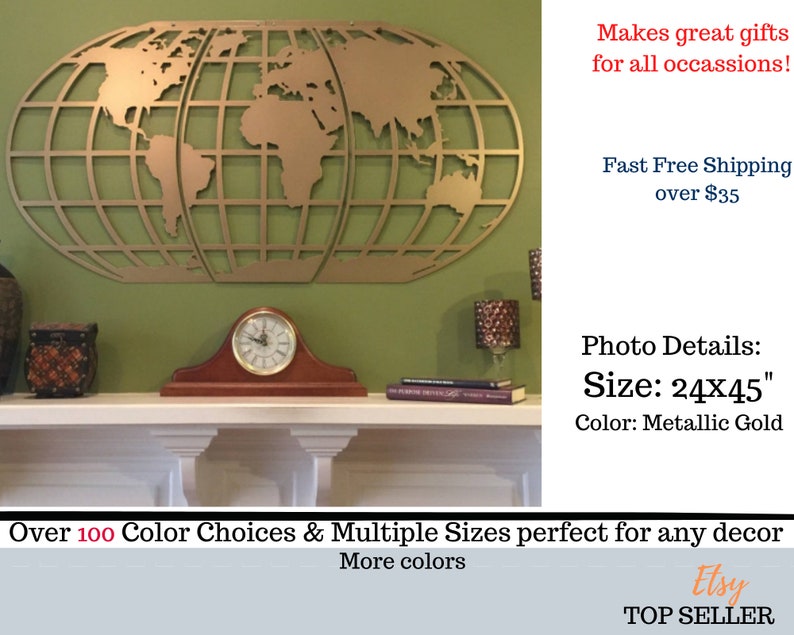 Large Metal World Map Wall Art Home Decor Free Shipping | Etsy