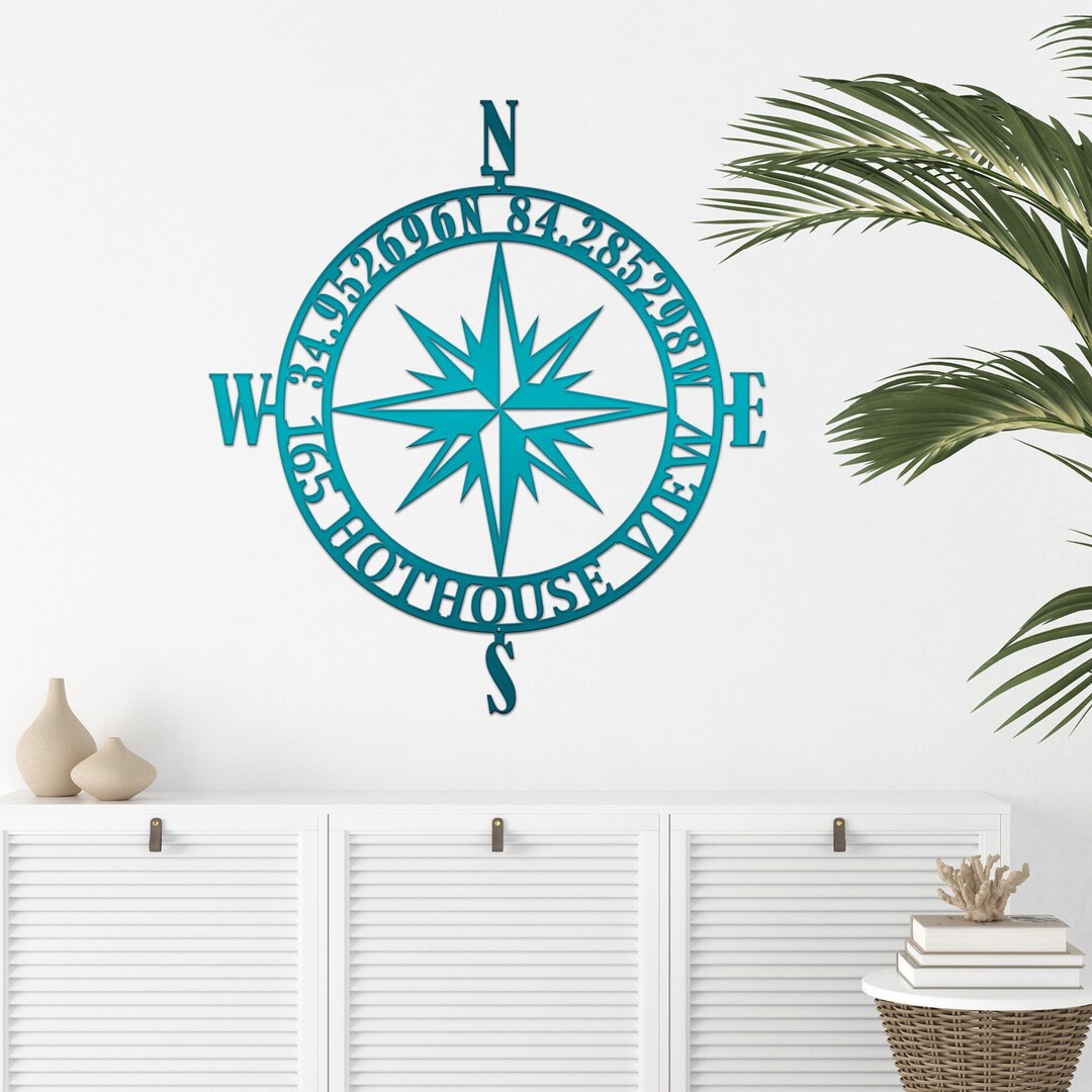 Modern Compass Rose GPS Coordinates Sign, Lake House or Beach House ...