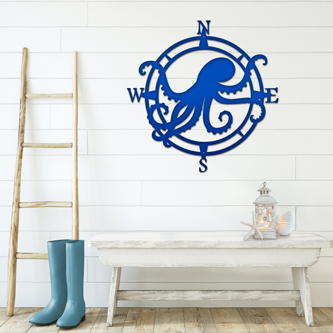 Octopus Compass Coastal Wall Art, Summer Beach Home Decor, Under the ...