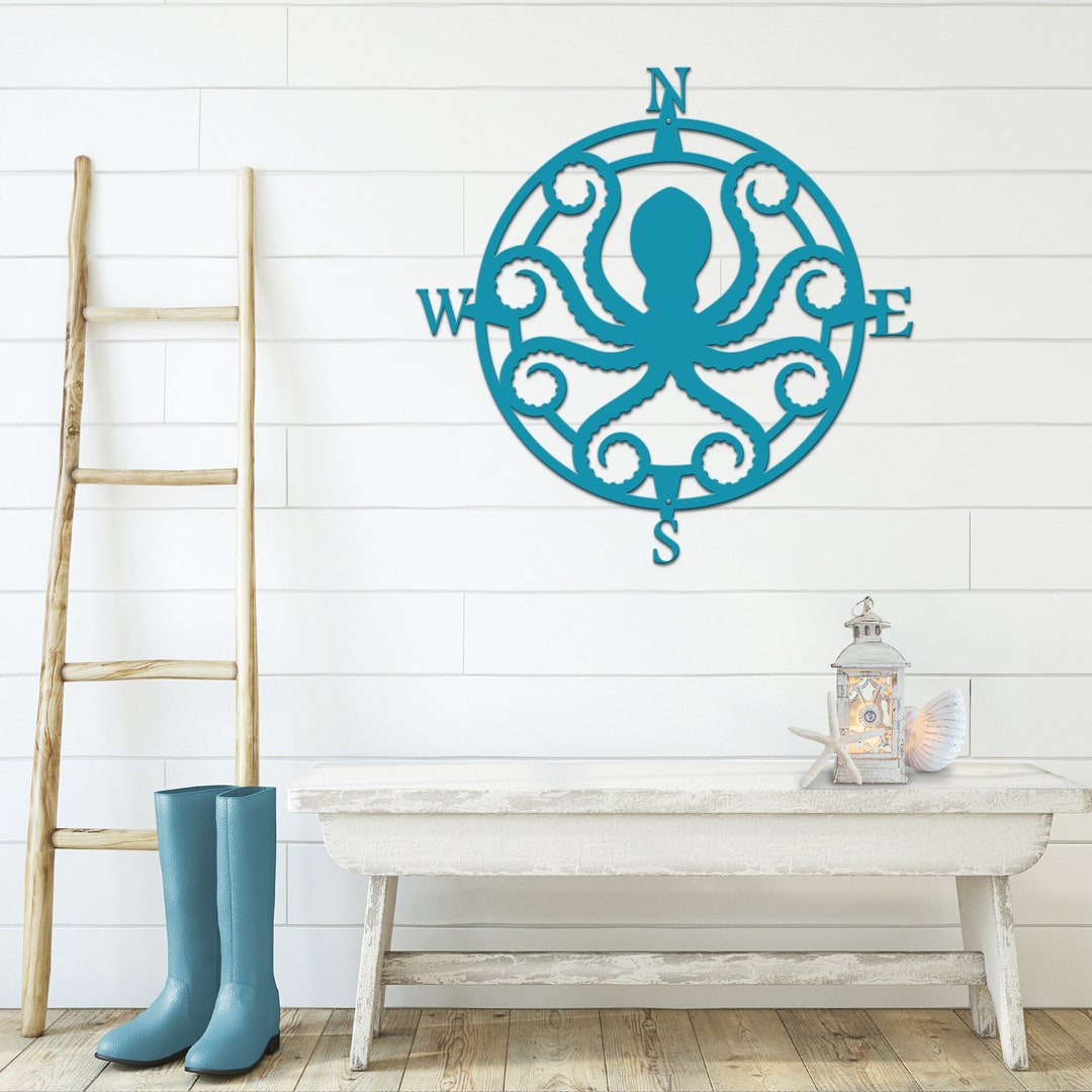 Octopus Nautical Compass Custom Metal Sign, Kraken Outdoor Pool Sign ...