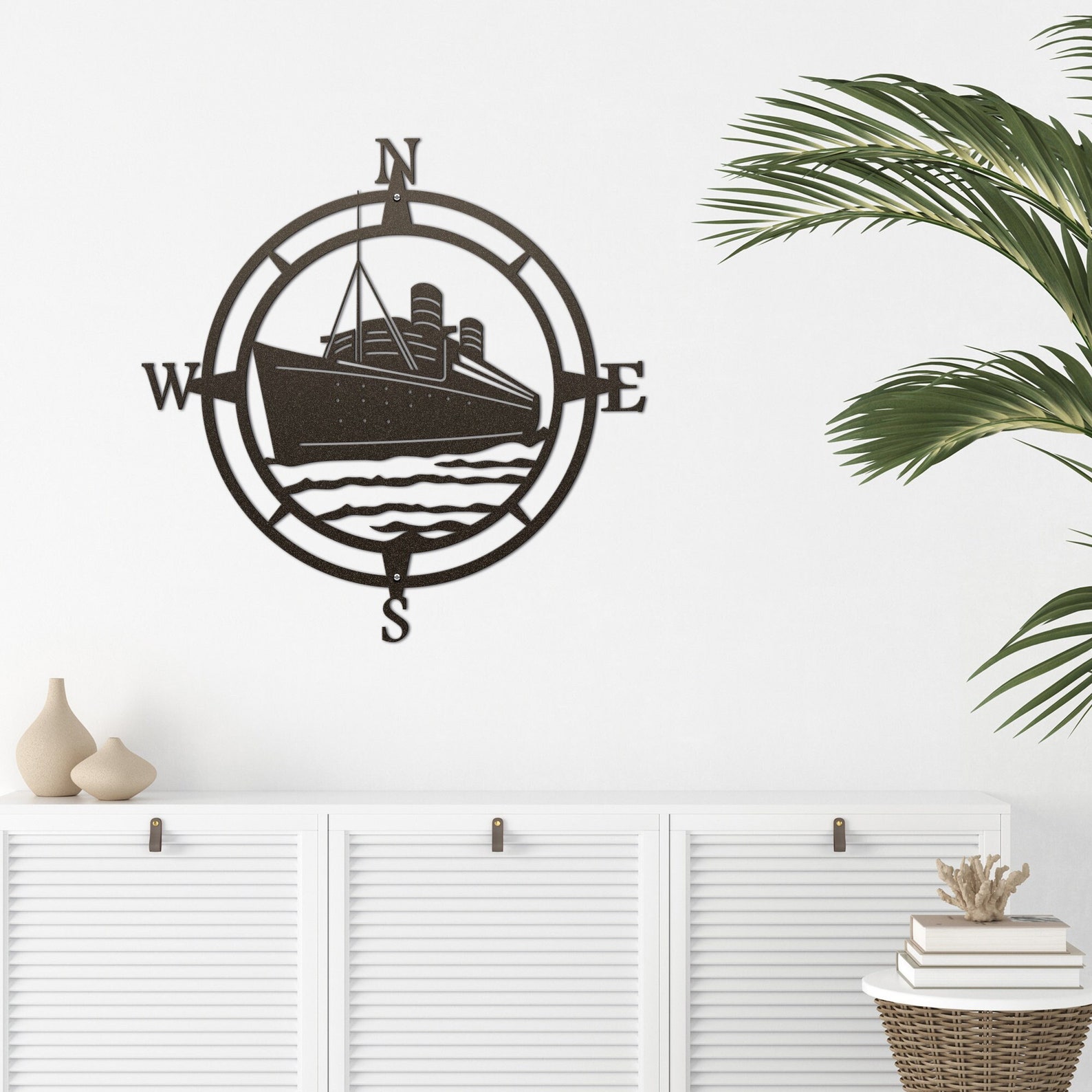 Cargo Ship Art Nautical Compass Custom Metal Sign, Coastal Wall Art ...