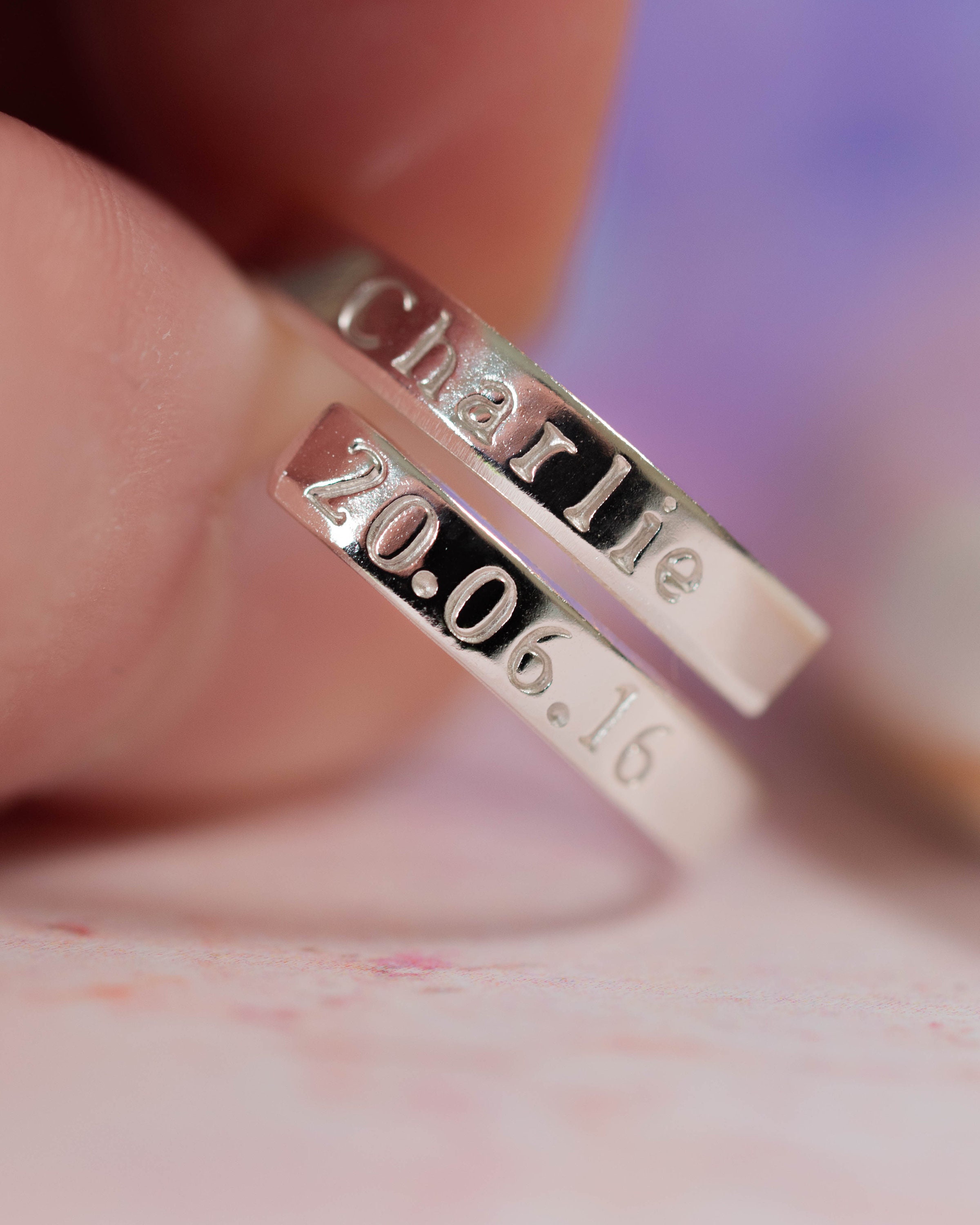Custom Name and Date Sterling Silver Dainty Adjustable Wrap Ring ...
