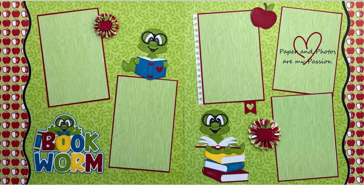 Bookworm Double Page Scrapbook Layout With Premade Paper Piecings ...