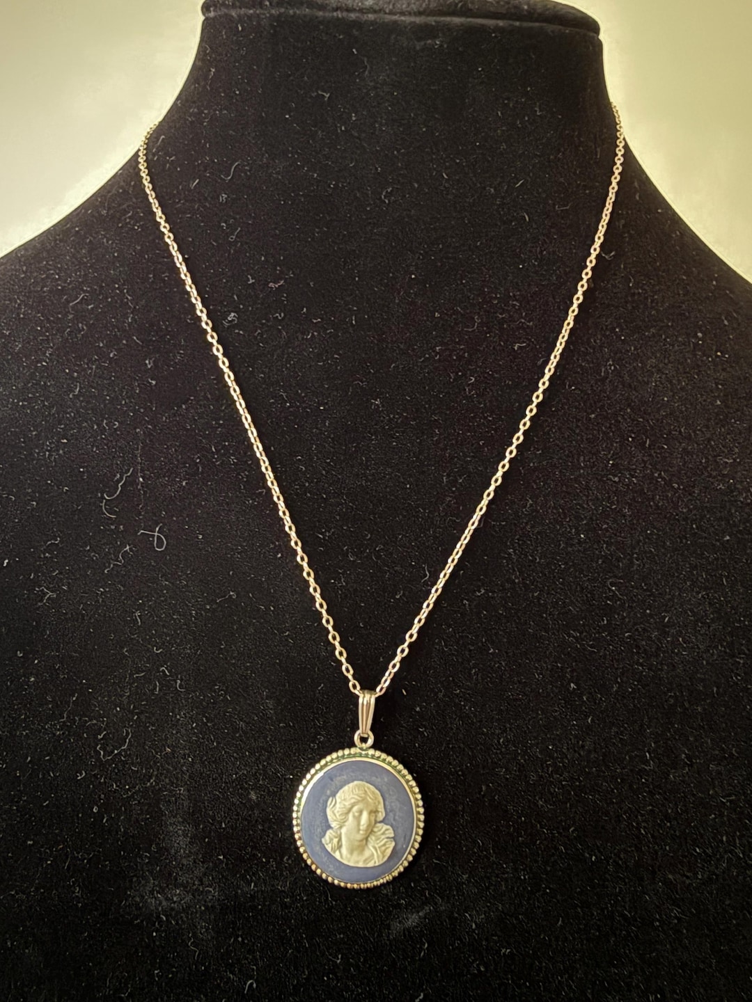 Vintage Sterling Silver Cameo Pendant Necklace: Blue & White Classical ...