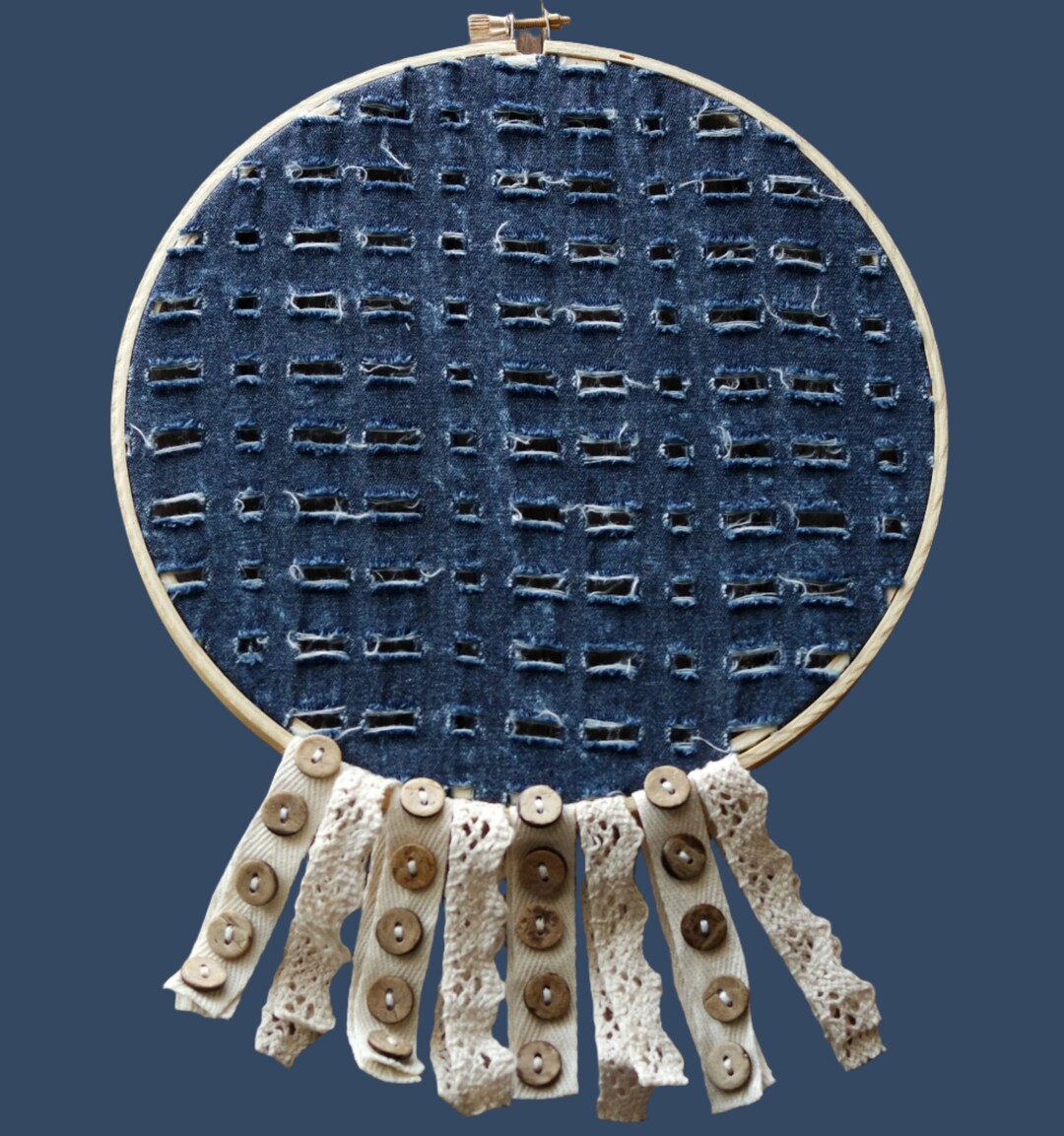 Blue Denim Wall Decor With off White Fringe Accent, Distressed Denim - Etsy