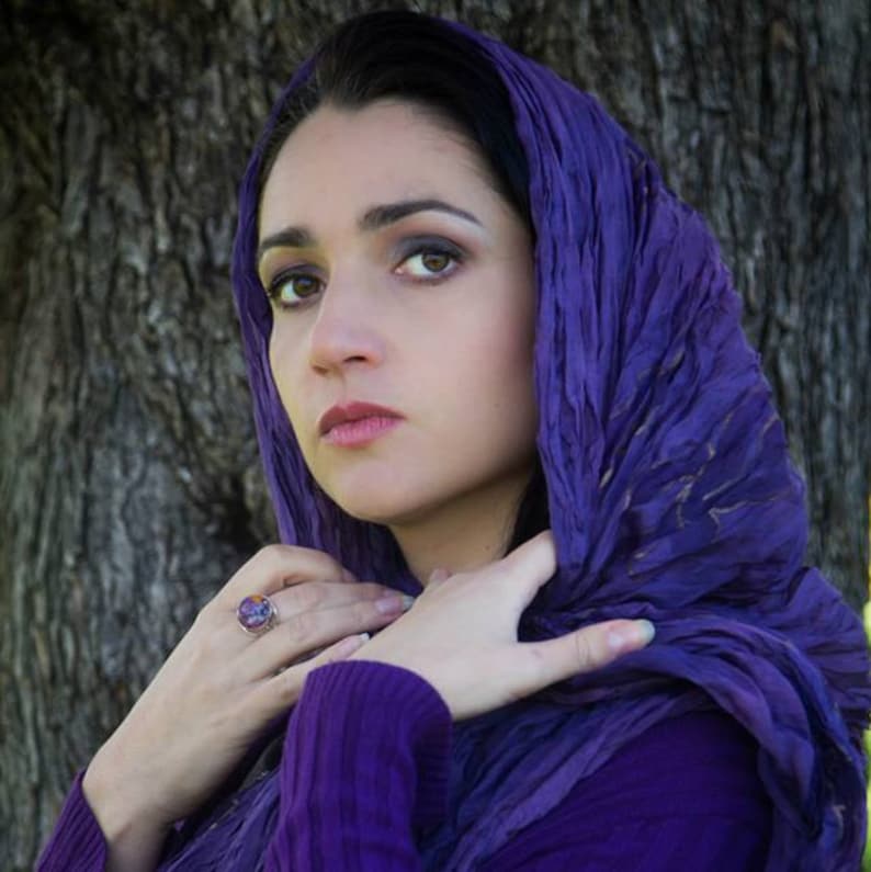 Large Deep Purple Silk Scarf, Crush Silk Shawl With Large Flowers, Hand ...