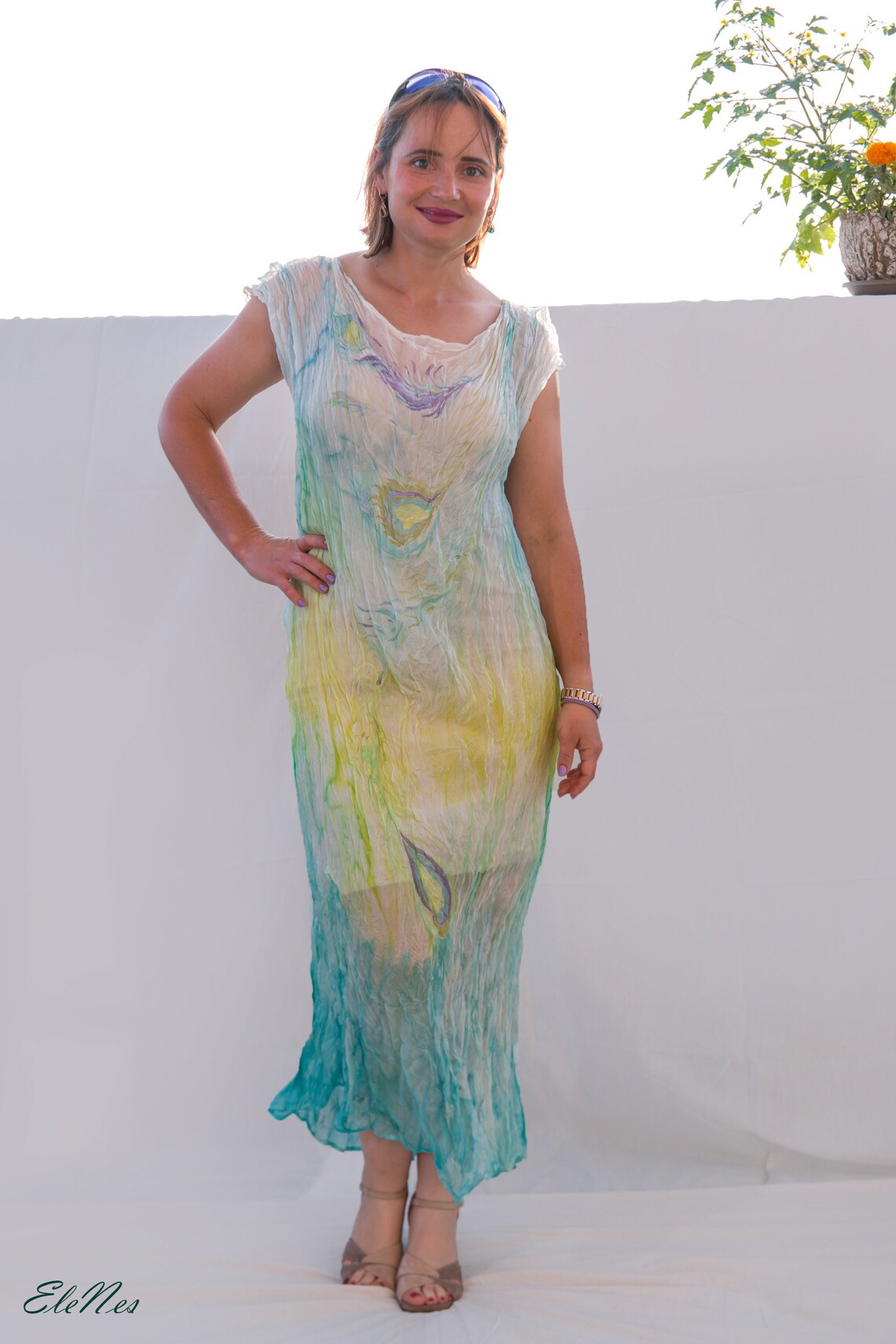 Women's Hand Painted Natural Silk Dress With Blue Yellow Pastel Shades ...