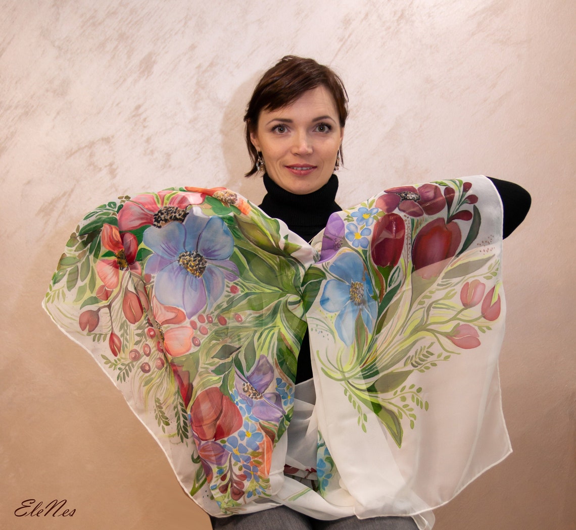 Ready for Shipping Large Hand Painted Silk Chiffon Scarf With - Etsy