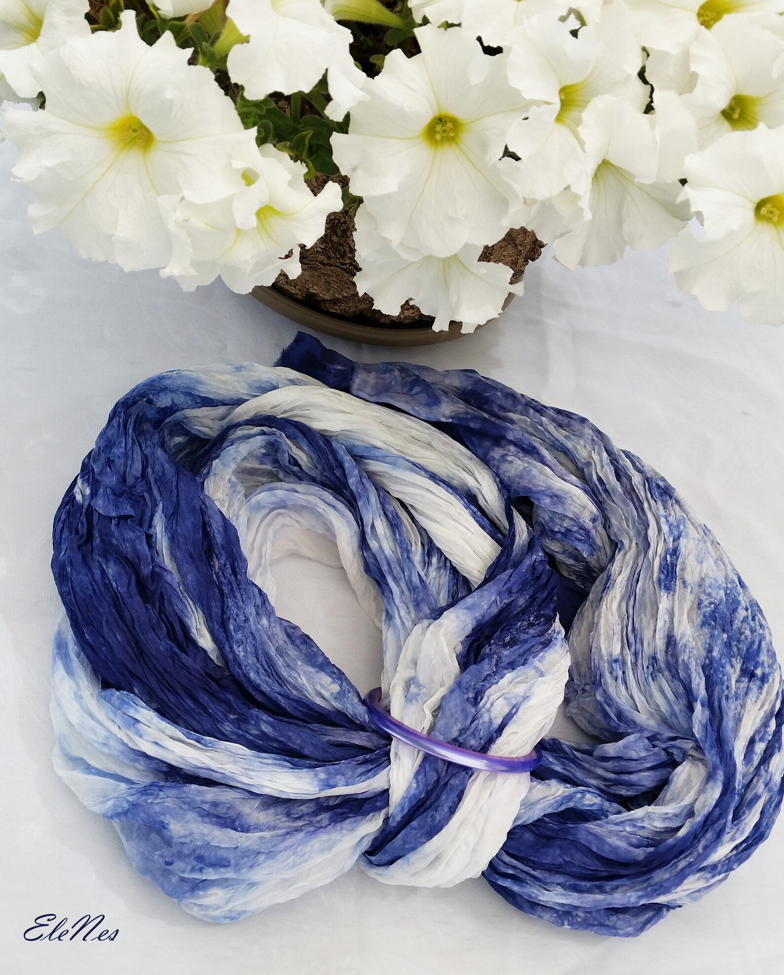 Ready for Shipping, Hand Dyed Bright Blue-white Silk Scarf, Large Boho ...