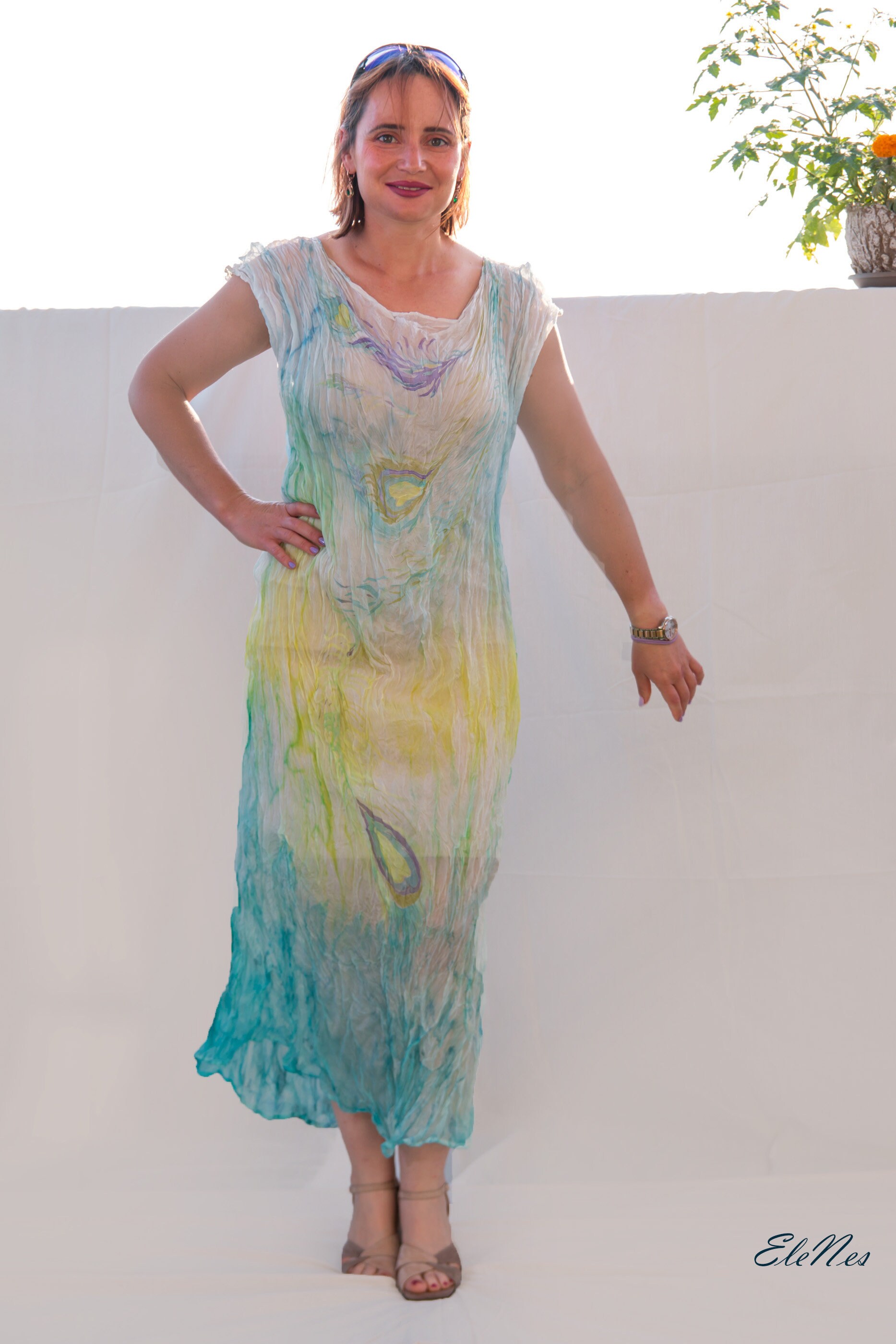 Women's Hand Painted Natural Silk Dress With Blue Yellow Pastel Shades ...