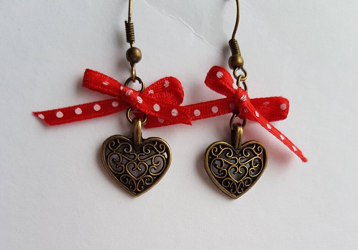Handmade Filigree Heart, Red Polka Dot Bow Earrings, Romantic Antique ...