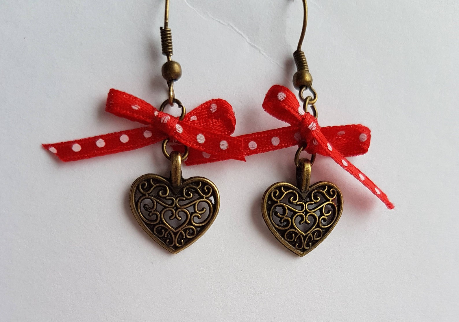 Handmade Filigree Heart, Red Polka Dot Bow Earrings, Romantic Antique ...