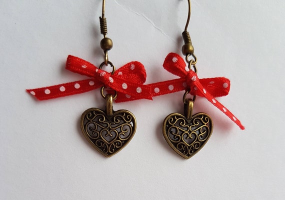 Handmade filigree heart red polka dot bow earrings romantic | Etsy