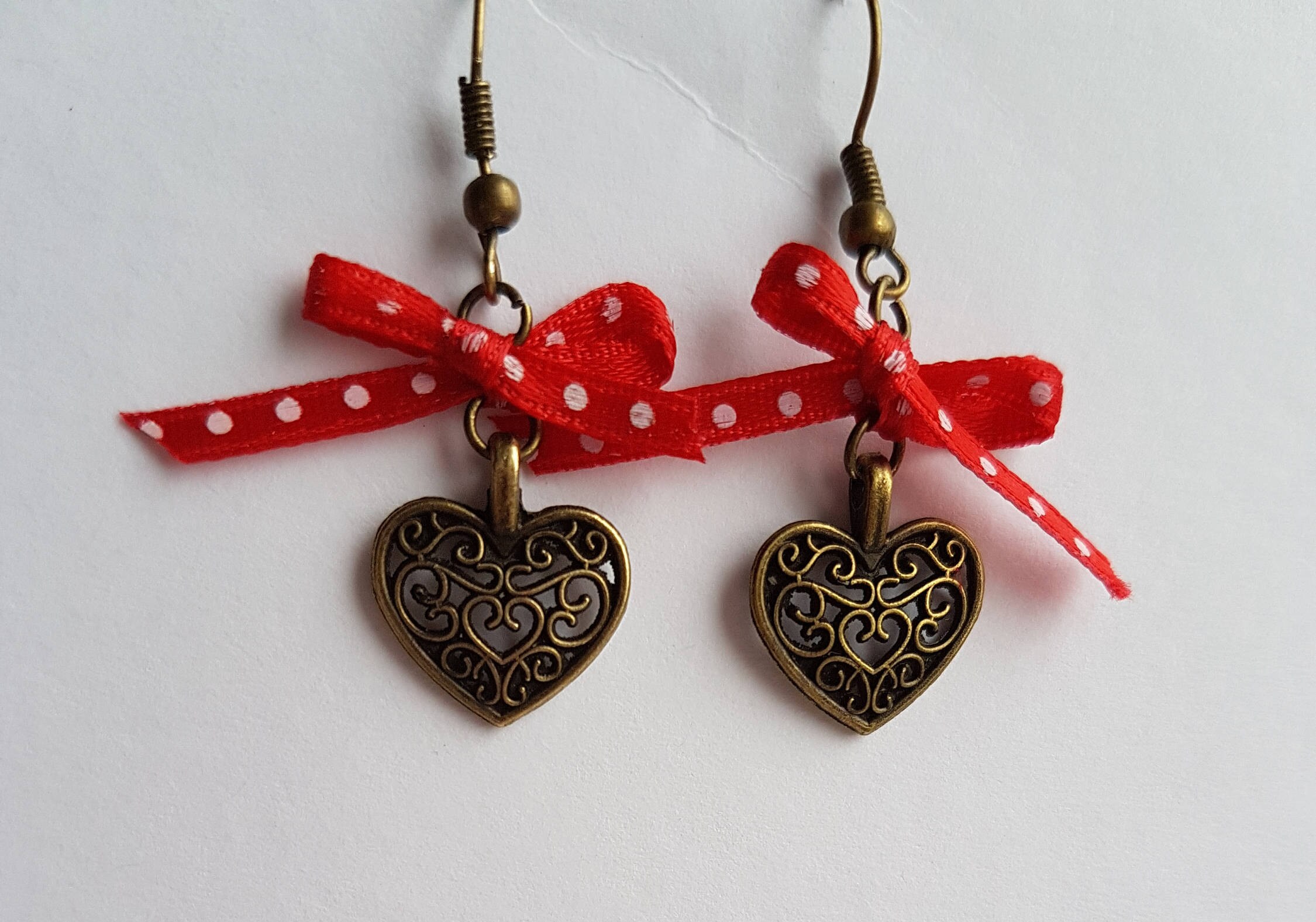 Handmade Filigree Heart, Red Polka Dot Bow Earrings, Romantic Antique ...