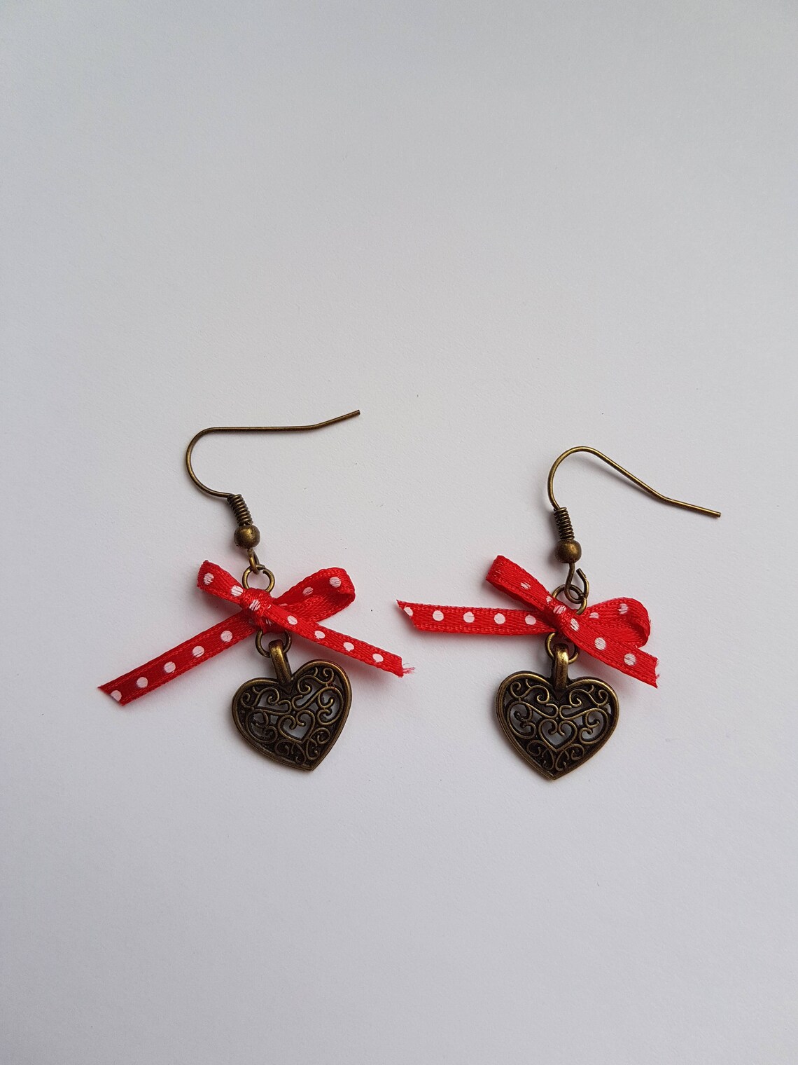 Handmade Filigree Heart, Red Polka Dot Bow Earrings, Romantic Antique ...