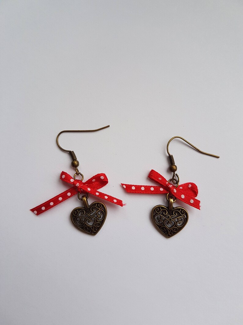 Handmade Filigree Heart, Red Polka Dot Bow Earrings, Romantic Antique ...