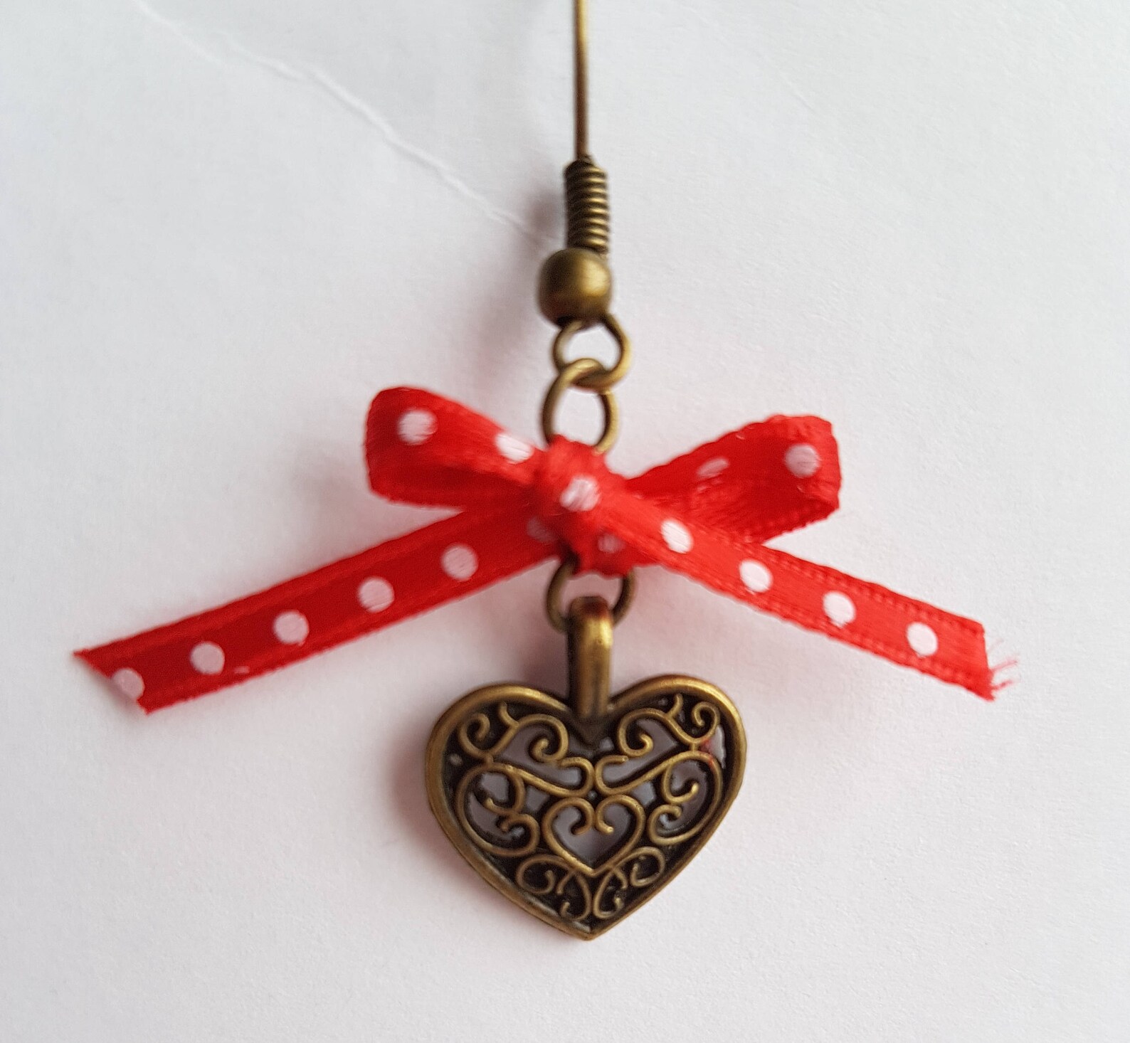 Handmade Filigree Heart, Red Polka Dot Bow Earrings, Romantic Antique ...