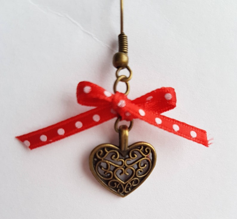 Handmade Filigree Heart, Red Polka Dot Bow Earrings, Romantic Antique ...