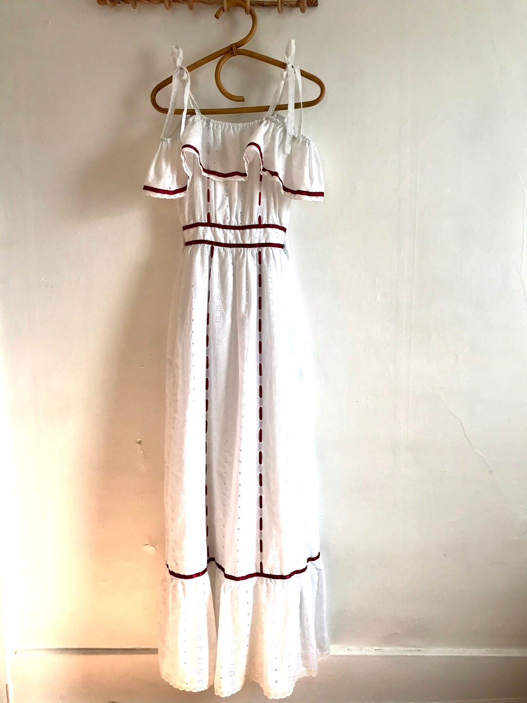 1960’s, 1970’s, Handmade Prairie Dress, Eyelet, off Shoulder, Maxi ...