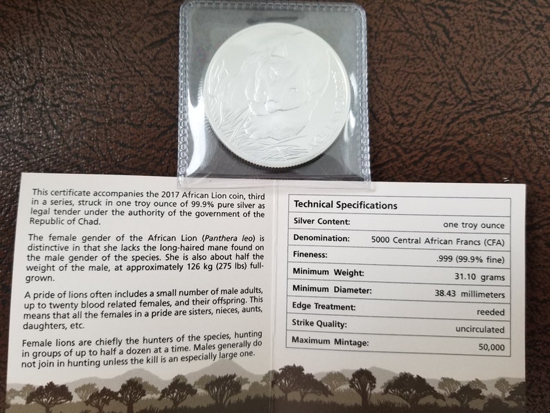 African Loin 1 OZ. Silver Coin .999 Pure Silver With C.O.A. - Etsy