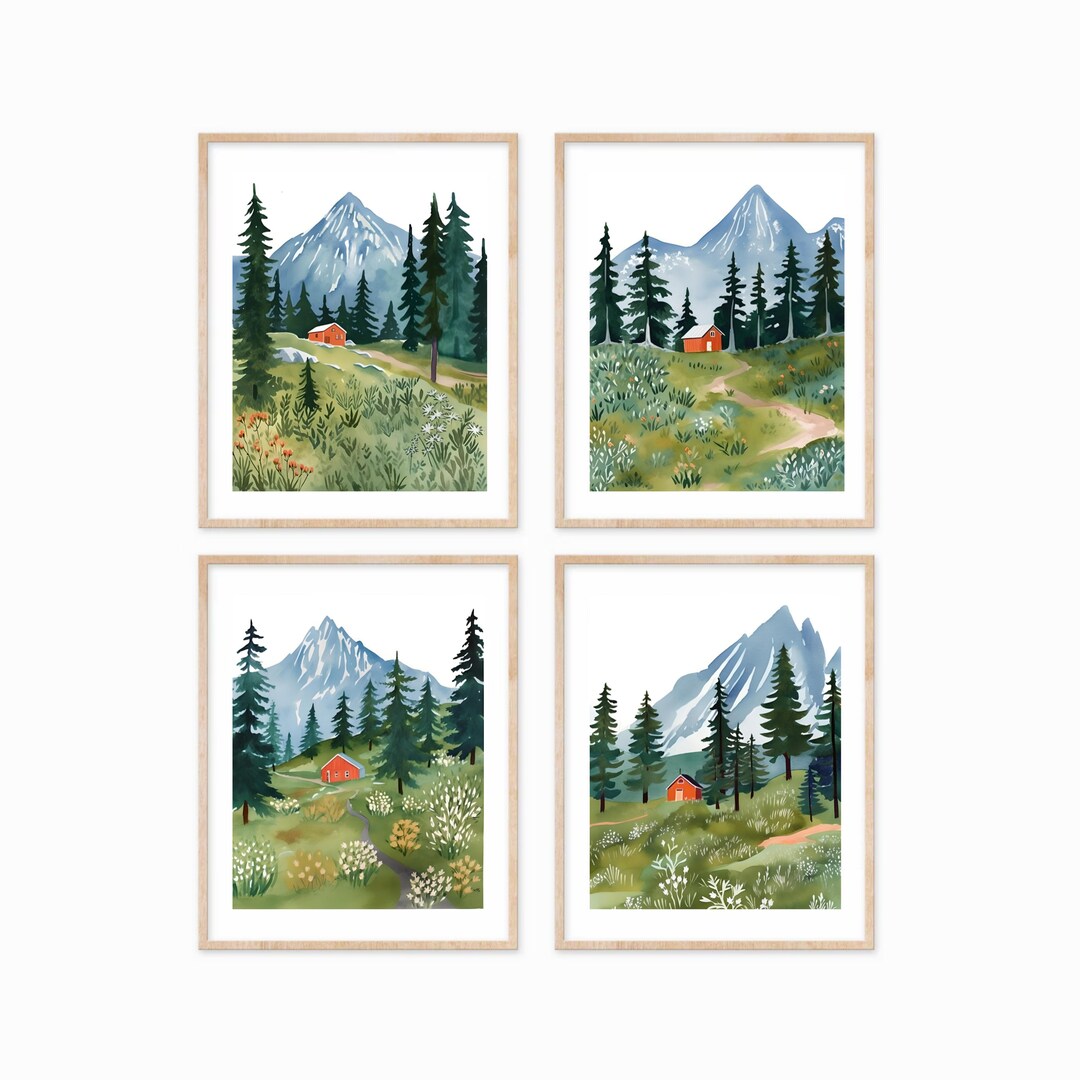 Set of 4 Colorful Mountain Cabin Prints | Digital Download | Whimsical ...