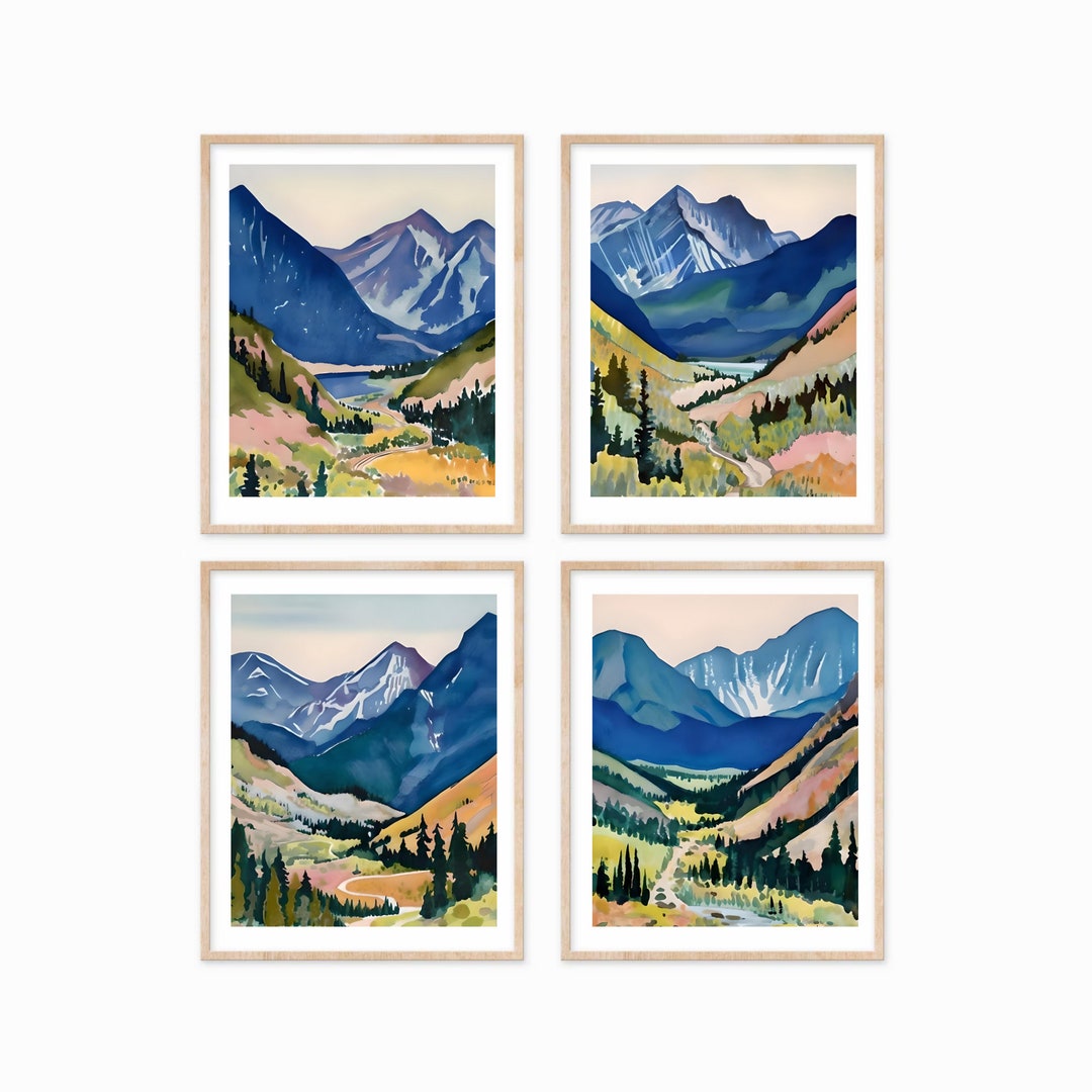 Set of 4 Colorful Mountain Water Color Modern Prints | Digital Download ...
